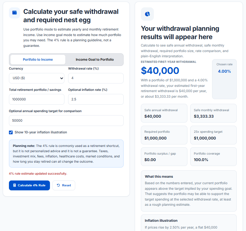 4% Rule Calculator | Safe Withdrawal Calculator for Retirement Income ...